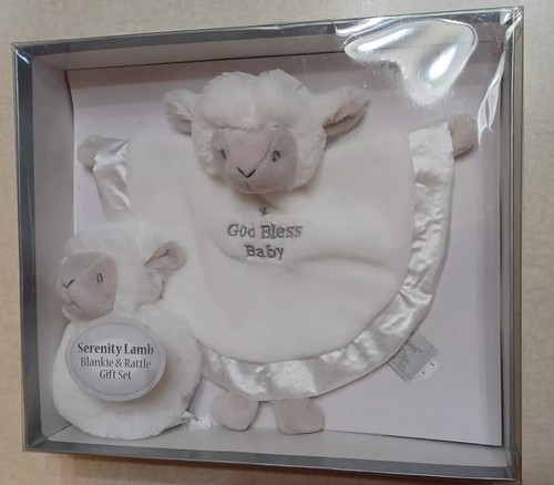 Demdaco Baby Gift Set Lovey Blankie & Plush Rattle Lamb God Bless Baby ...