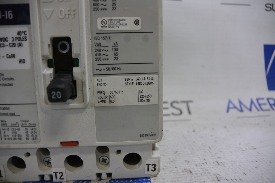 140U-16 Allen Bradley Circuit Breaker 140U-I6C3-C20 with Auxilary 140-I ...