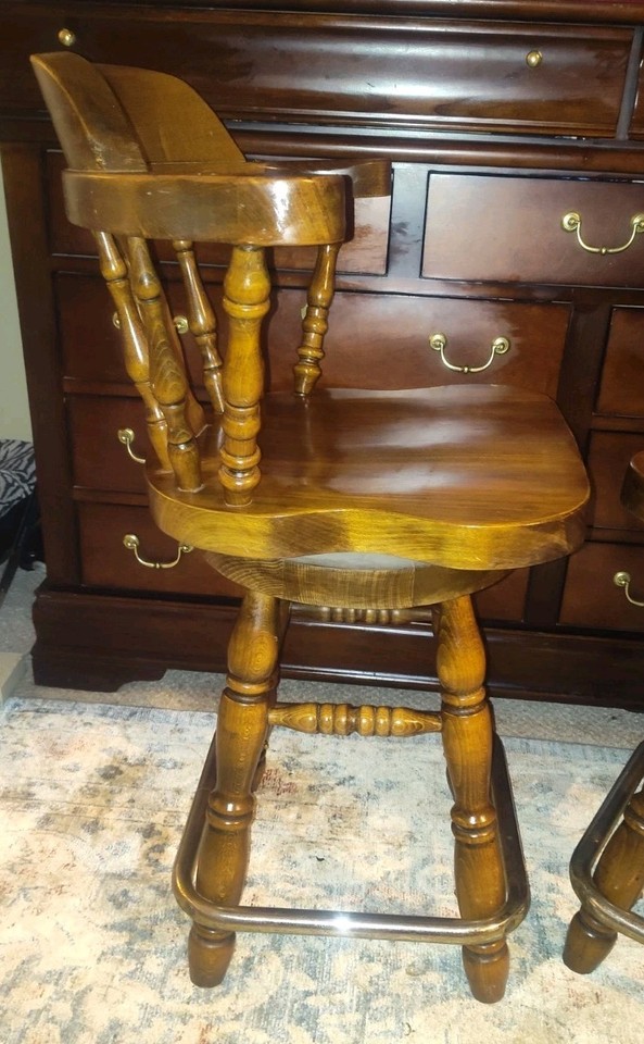PAIR Vintage SOLID Wood SWIVEL Captains BAR STOOLS MCM 1980"s | eBay