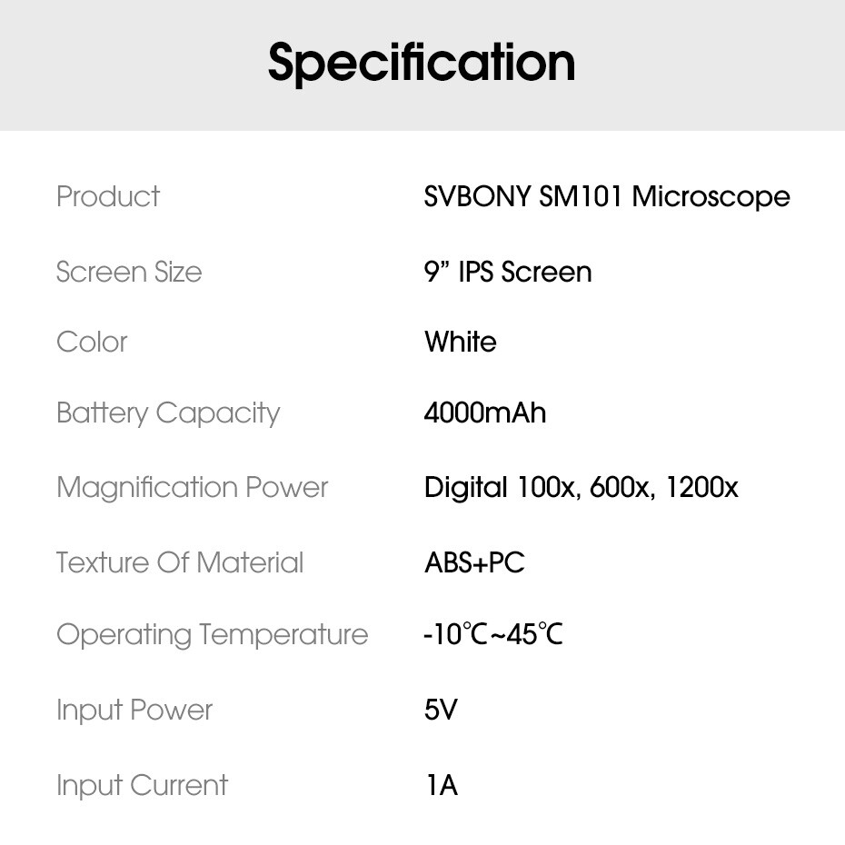 SVBONY SM101 Digital Microscope 9'' IPS Touchscreen 1200X with Measure ...