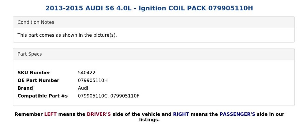 2013-2015 AUDI S6 4.0L - Ignition COIL PACK 079905110H | eBay