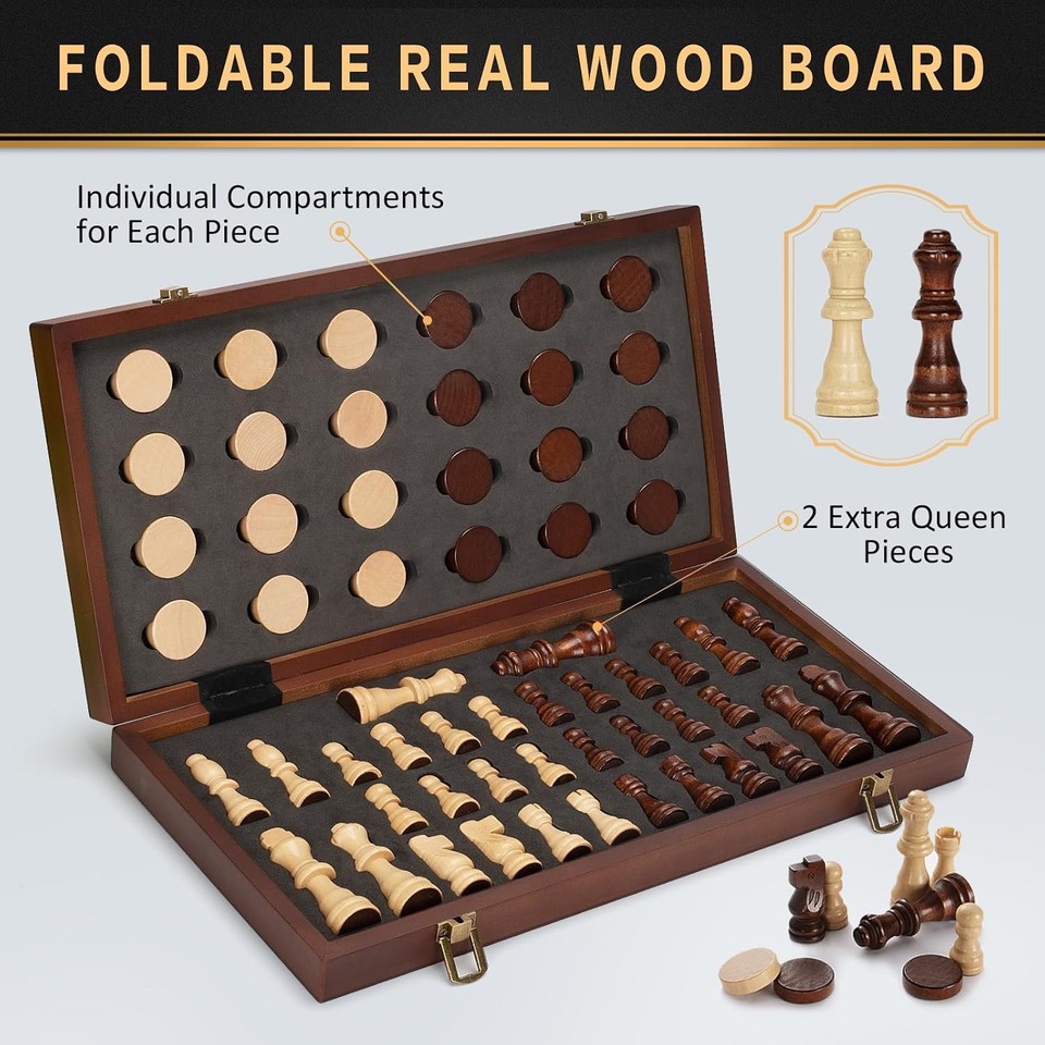 2 in 1 Magnetic Chess Set & Checkers Board Game, 15" Wooden Folding ...