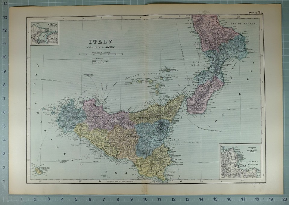 1891 ANTIQUE MAP ITALY SOUTH ~ LIPARI ISLES CALABRIA & SICILY MESSINA ...