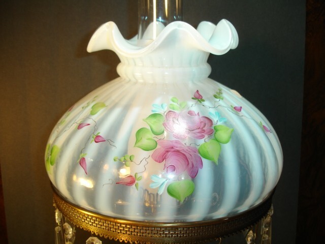 FENTON OLD GLASS LAMP w/RARE STRIPES OPALESCENT ROSES GLASS SHADE, SIGN ...