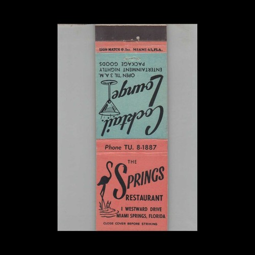 Matchbook Cover Flamingo The Springs Restaurant & Cocktail Lounge Miami ...