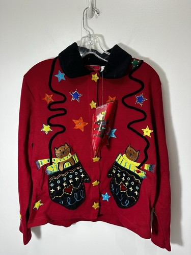 NWT Vintage Onque Casuals Cat Theme Christmas Sweater Small Tacky Ugly ...