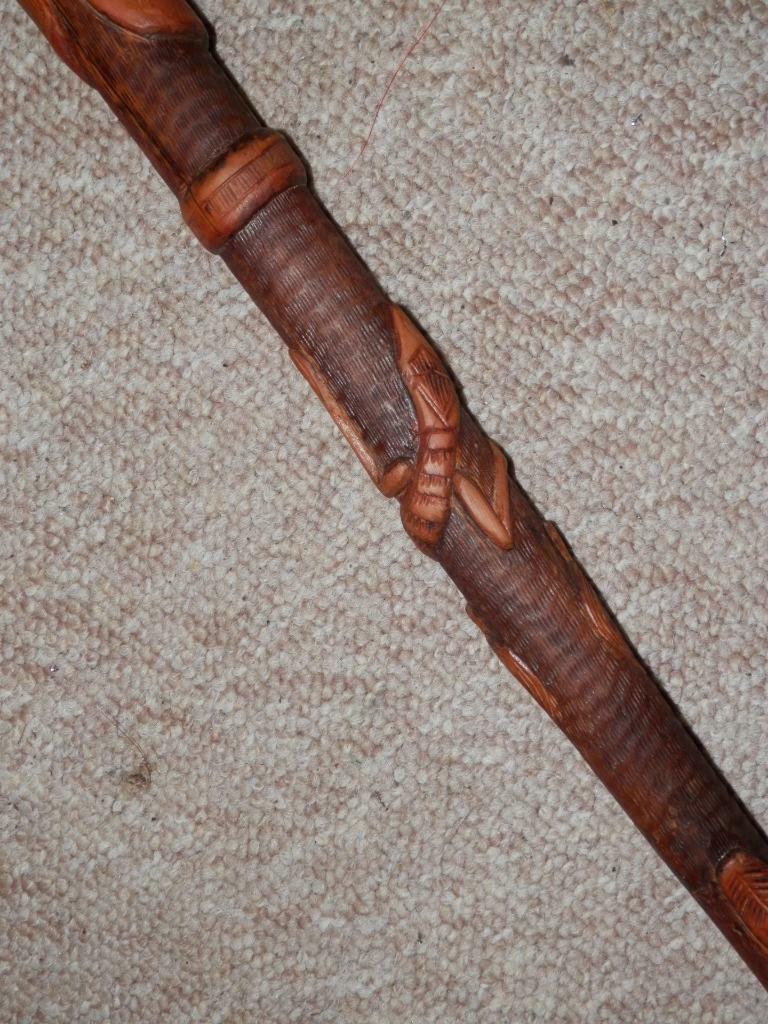 Antique Faux Snakewood Walking Stick W/ Hand-Carved Snake, Lizard ...