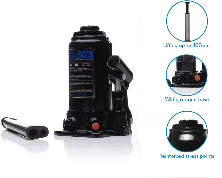 SGS 10 Tonne Low Profile Bottle Jack | 120mm Stroke, Heavy Duty, Wide ...