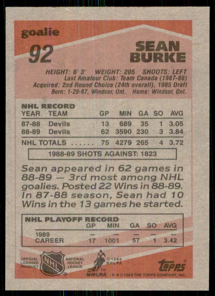 1989-90 TOPPS SEAN BURKE NEW JERSEY DEVILS #92 | eBay