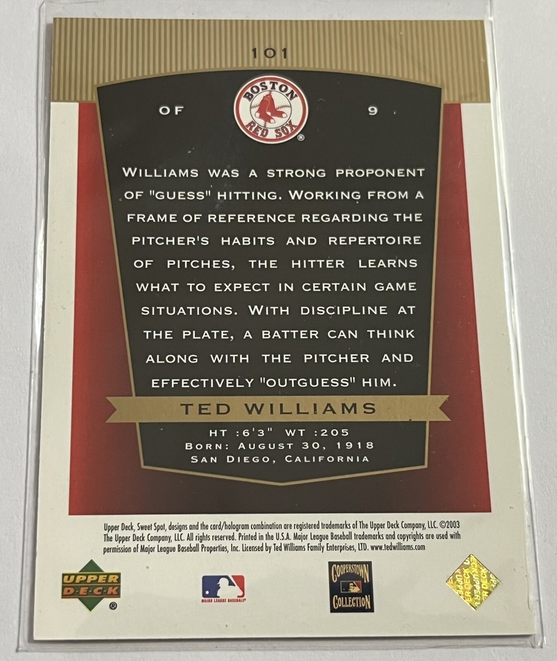 2003 Upper Deck Sweet Spot Ted Williams Teddy Ballgame #1256/1941 Red ...