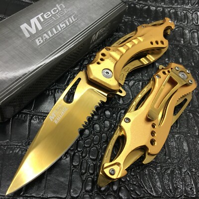 M-Tech Spring Assisted ALL GOLD TI-Coated Aluminum Tactical Rescue ...