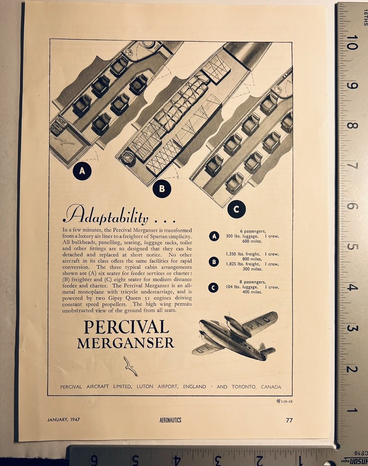 Percival Merganser Aircraft London 1947 Print Ad Advertisement Aviation ...