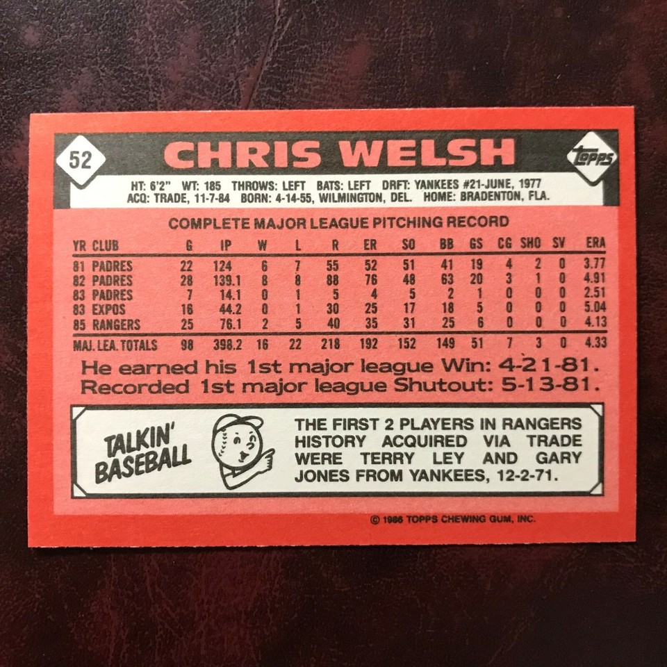 1986 Topps TIFFANY Set CHRIS WELSH #52 TEXAS RANGERS ** MINT ** HIGH ...