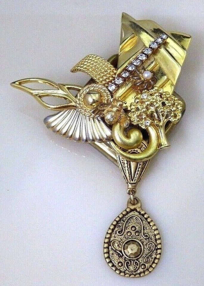 Vintage Abstract Brooch Pin Handmade Recycled Gold Tone Metal Retro ...