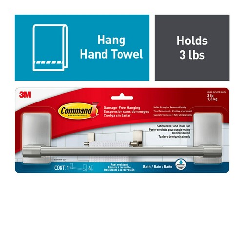 Command Satin Nickel Hand Towel Bar, 1 Towel Bar, Holds 3 lbs, 4 Strips ...