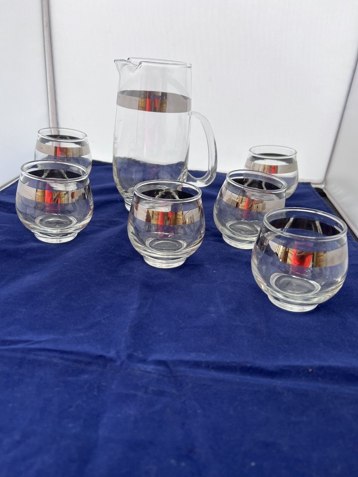 Vintage MCM Libbey Silver Band Small 6” Pitcher With Six Small Roly ...