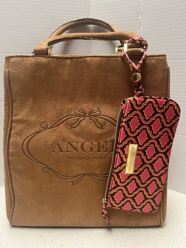 VICTORIA’S SECRET ANGEL Tote Bag 3pc set Faux Brown Suede Double Handle ...