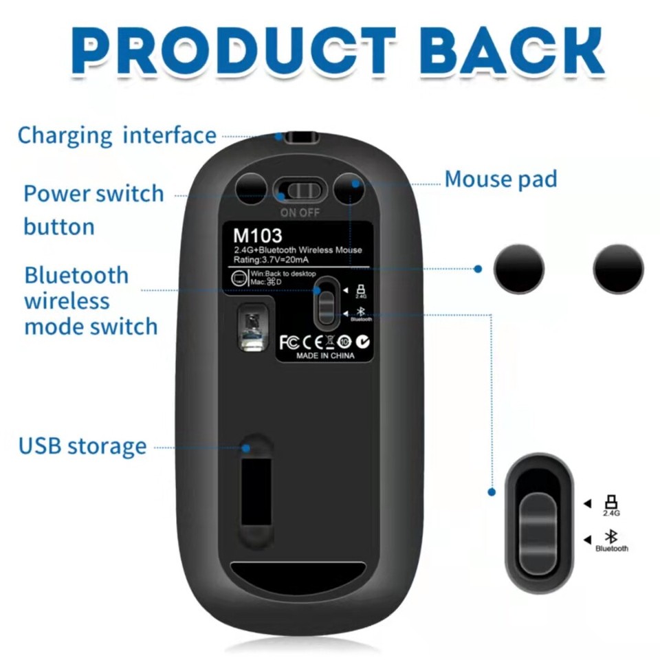 Slim Silent Bluetooth Wireless Rechargeable Mouse For PC Laptop ...