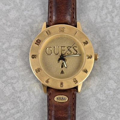 Vintage Guess Question Mark Watch 34mm Gold Tone Dial Leather Band 1996 ...
