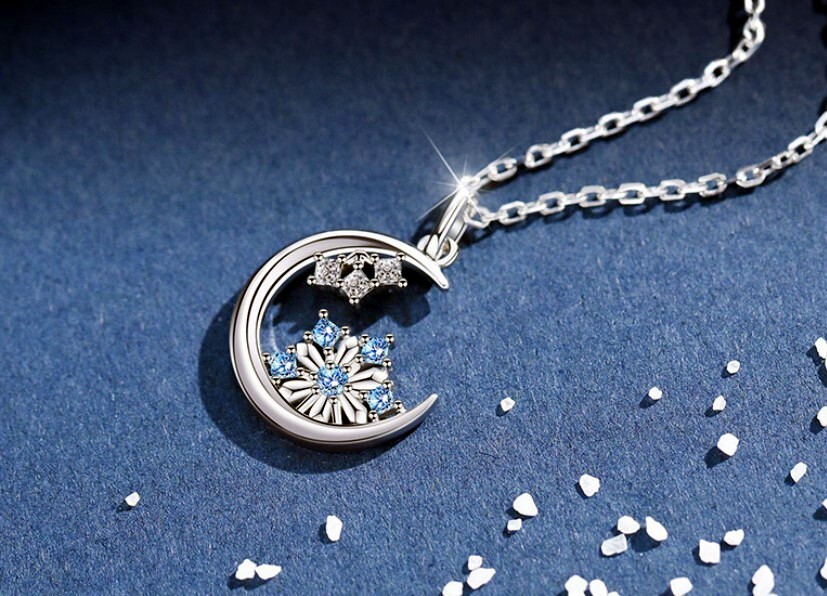 Crystal Snowflake Moon Pendant 925 Sterling Silver Necklace Women ...