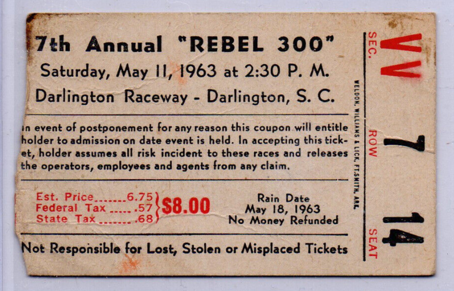 1963 Nascar Darlington Raceway Rebel 300 Ticket Stub JOE WEATHERLY ...