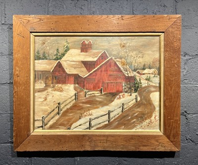 Vintage Ed Warren Oil Painting On Wood Winter Farm Scene Lorraine ...