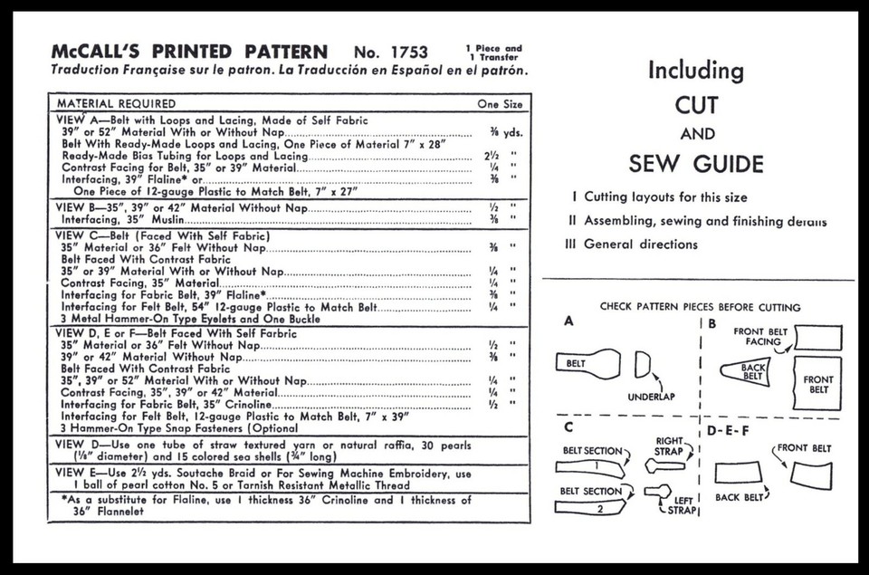 McCall's #1753 Fabric Sewing Pattern Women's BELTS Vintage 50's ...