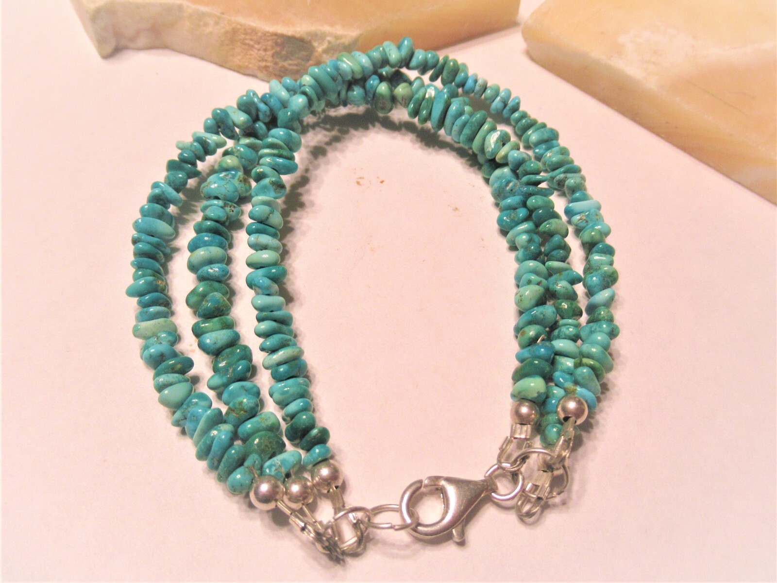 PINTO VALLEY TURQUOISE 3 STRAND 8 INCH BRACELET W/.925 CLOSURE & BEADS ...