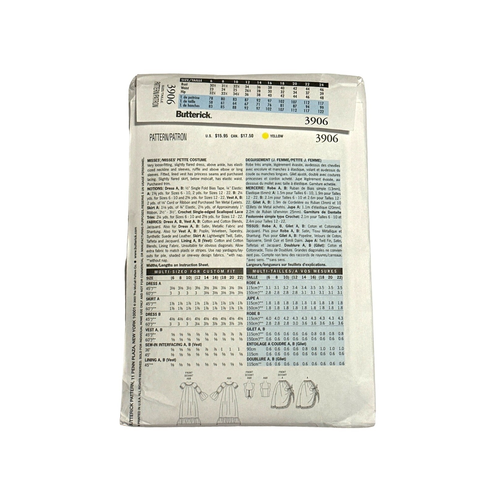 Butterick 3906 sewing pattern size 18 20 22 Gypsy Pirate Renaissance ...