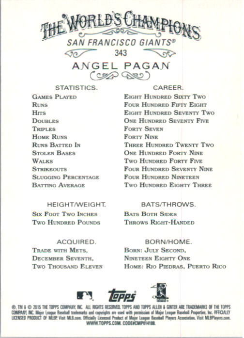 2015 Topps Allen and Ginter X 10th Anniversary #343 Angel Pagan | eBay