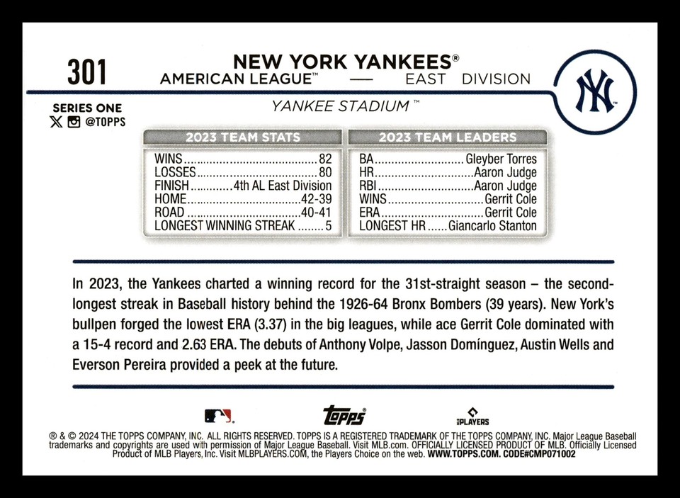 2024 Topps New York Yankees Team Card #301 New York Yankees Series 1 ...