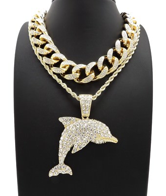 HIP HOP FULL ICED MIAMI CUBAN CHAIN & YOUNG DOLPH DOLPHIN CHAIN SET ...