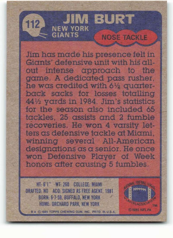 1985 Topps #112 Jim Burt NM++ RC Rookie NY Giants ID:353672 | eBay