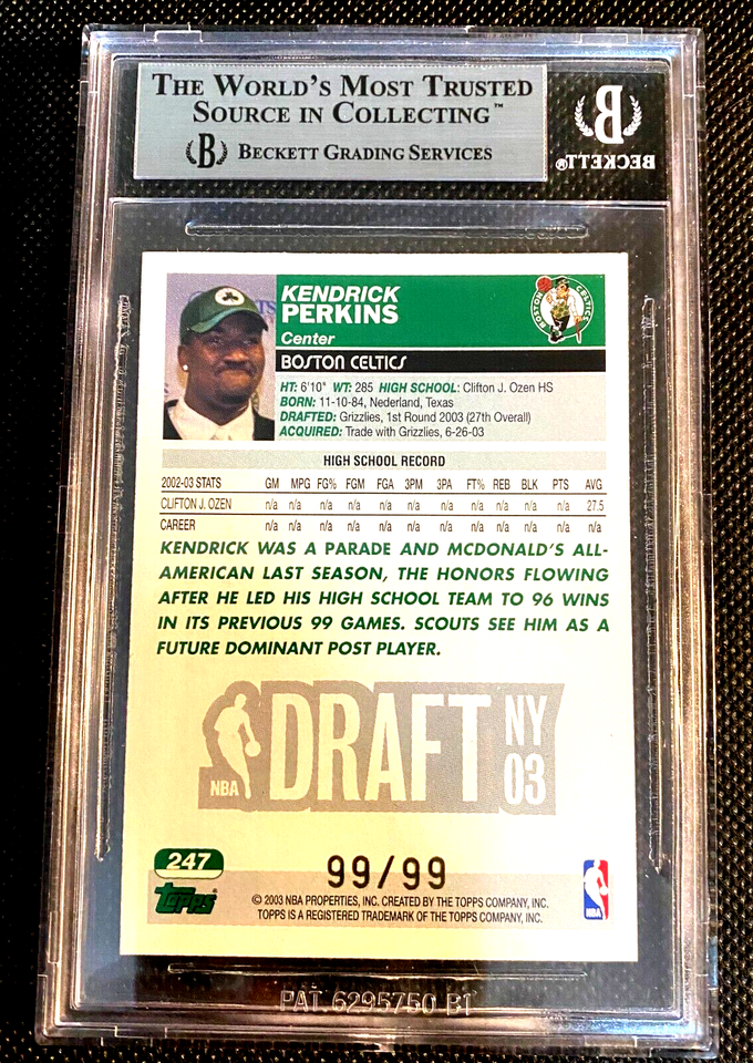 SP 99/99 BGS 9 MINT 2003 KENDRICK PERKINS ROOKIE TOPPS GOLD DRAFT PICK ...