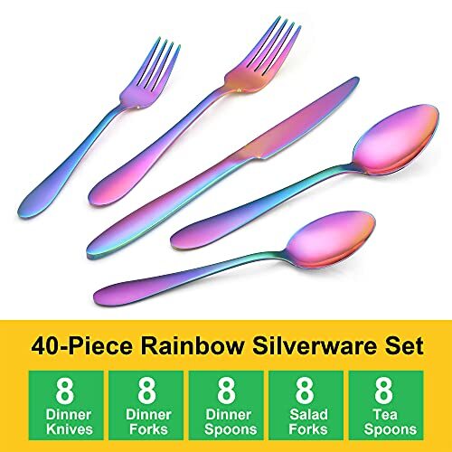 40-Piece Rainbow Silverware Set for 8, Stainless Steel Colorful ...