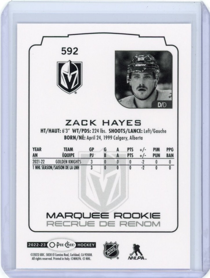 2022-23 O-Pee-Chee Zack Hayes Marquee Rookie - Vegas Golden Knights | eBay