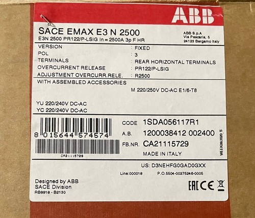 ABB SACE EMAX E3N 2500A Circuit Breaker E3N2500PR122/P-LSIGIn ...