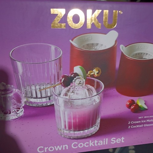 ZOKU Crown Cocktail Set with 2 Large Ice Cube Molds & 2 Whiskey Glasses ...