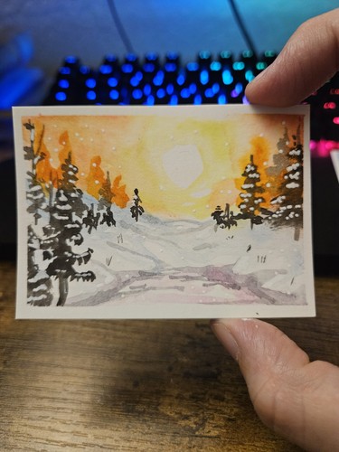 Aceo artist card atc Mix Media Painting Of A Sunset Winter Landscape | eBay