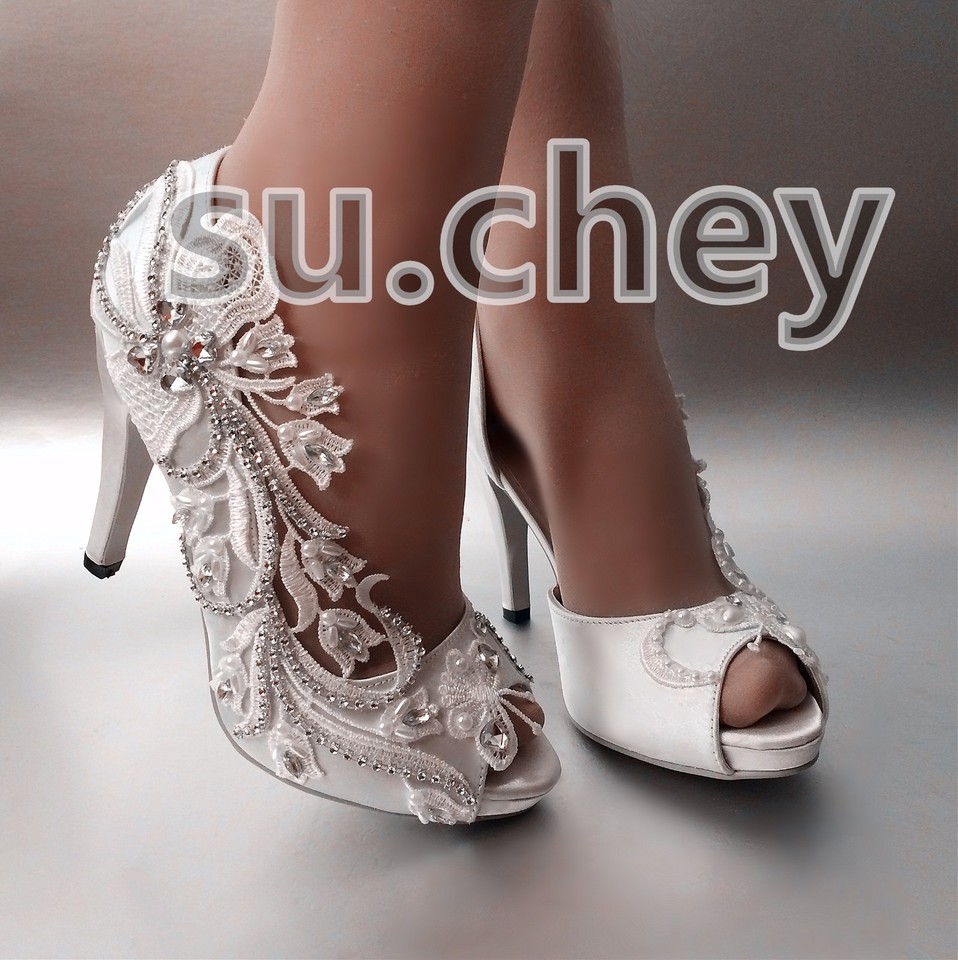 su.cheny 3"4"heel satin white ivory lace flower peep toe Wedding shoes ...