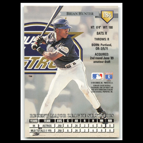 Brian Hunter Rookie #184 1995 Donruss Houston Astros Baseball Card MLB ...