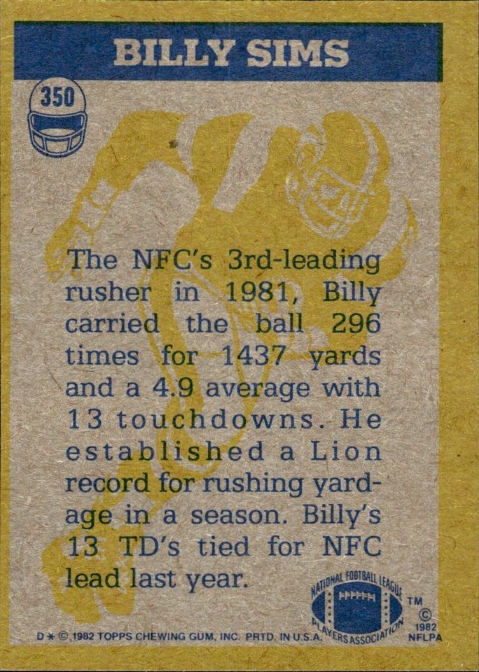 BILLY SIMS CARD #350 BUY ANY 2 ITEMS FOR 50% OFF B209R3S28P2 | eBay