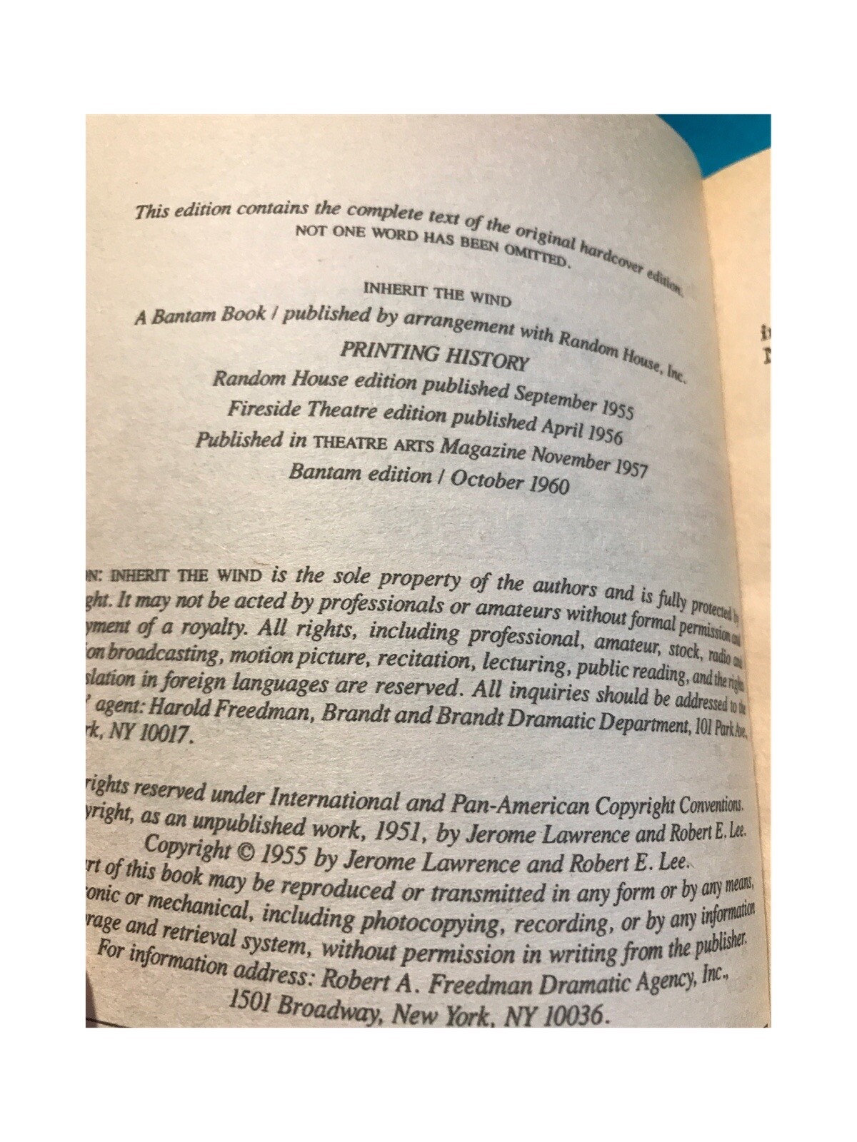 Vintage 1960 INHERIT THE WIND Book Jerome Lawrence & Robert E. Lee PB ...