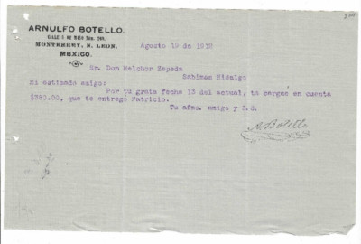 1912 Letter, Arnulfo Botello, Monterrey, N. Leon, Mexico. Don Melchor ...