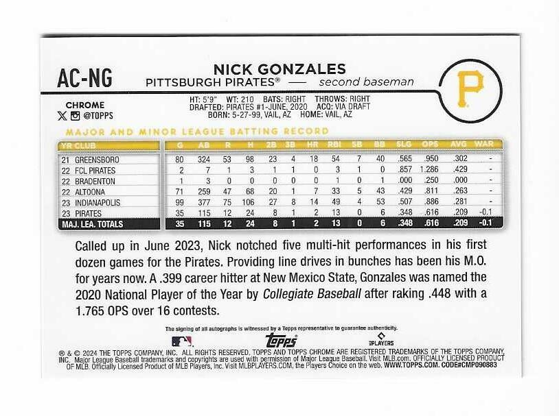 Nick Gonzales 2024 TOPPS CHROME MLB ROOKIE AUTOGRAPH CARD Pirates RC ...