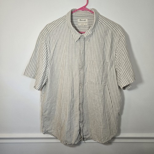 Madewell Easy Hemp & Cotton Short Sleeve Button Up Shirt Tan Stripe ...