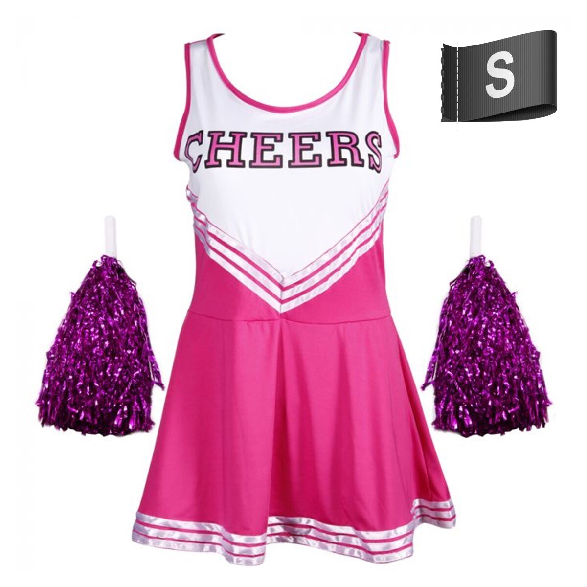PINK CHEERLEADER DRESS + POMPOMS High Schoolgirl Fancy Dress Halloween ...