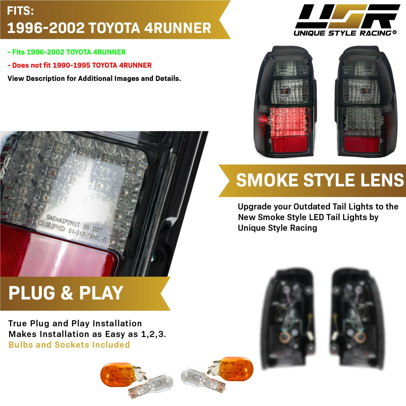 DEPO Black / Smoke Rear Tail Lights Pair for 1996-2002 Toyota 4runner ...