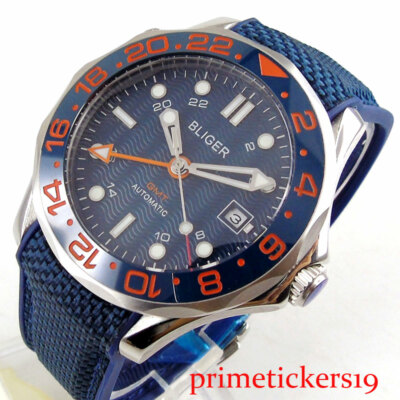 41mm bliger Blue dial shallow waves sapphire glass GMT date automatic ...