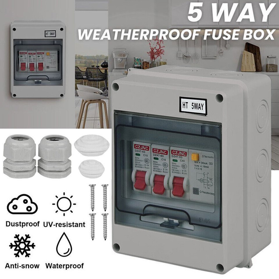 5 Way Garage Shed Consumer Unit Fuses Box with RCD & 2x MCB for Camper ...